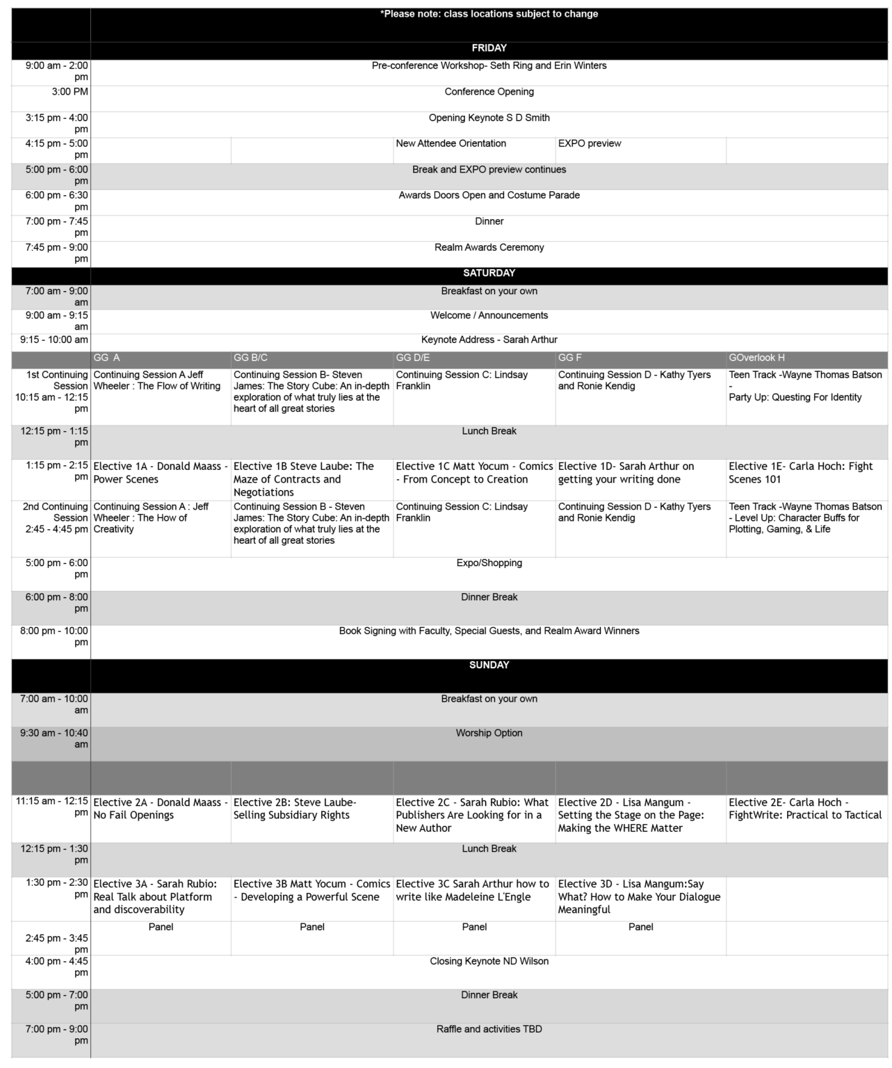 Writers Conference Schedule - Realm Makers